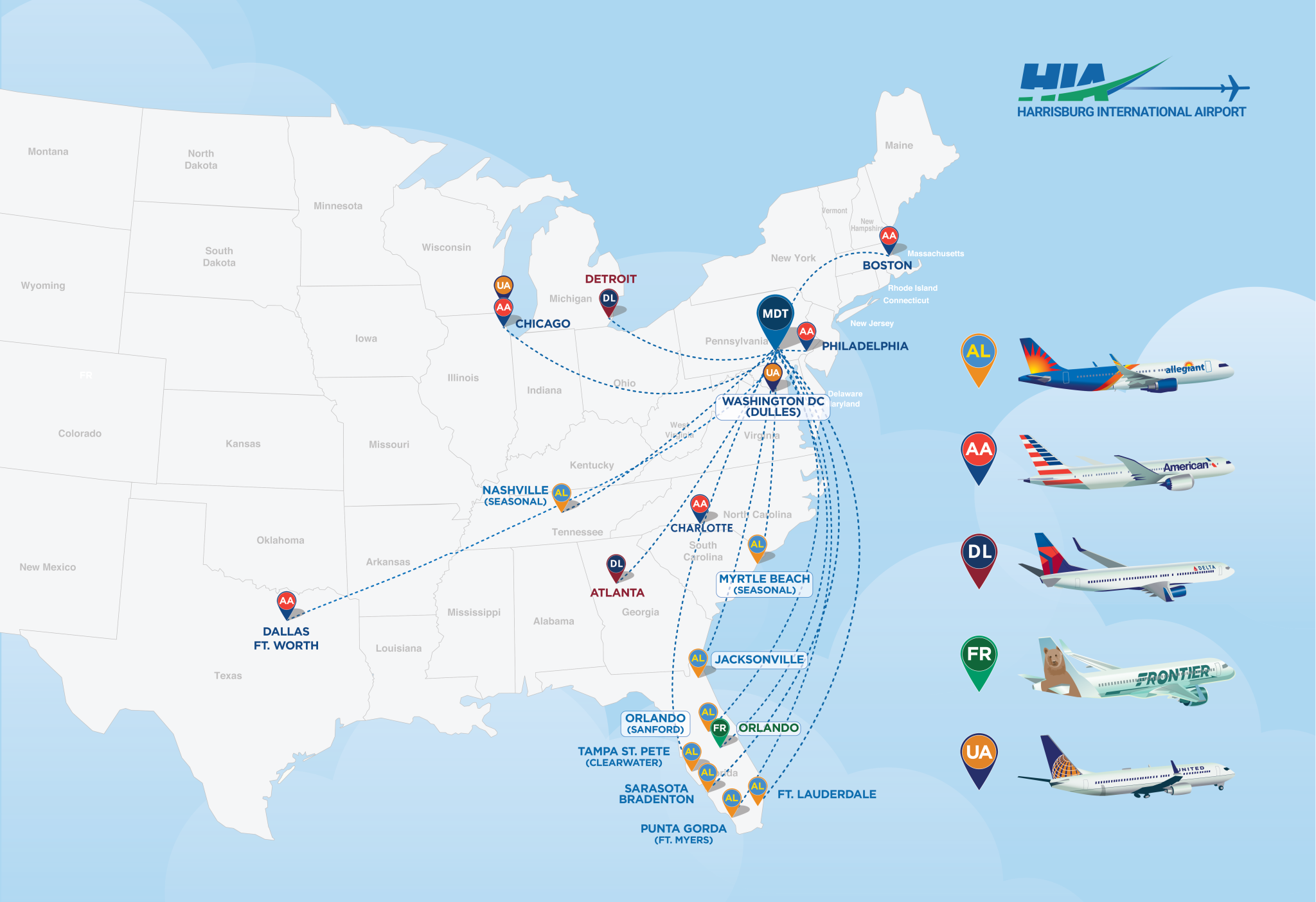 Current Nonstop Destinations from HIA | Harrisburg International Airport